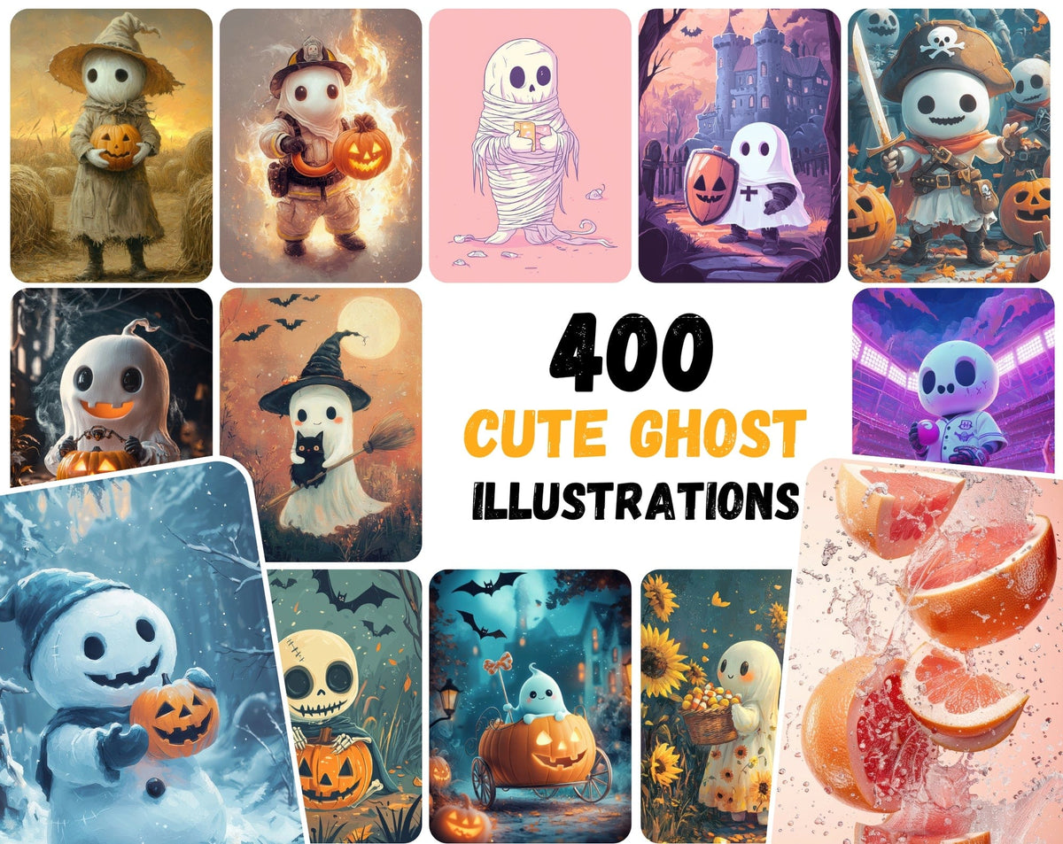 400 Cute Halloween Ghost Illustrations Bundle - Whimsical and Fun Desi