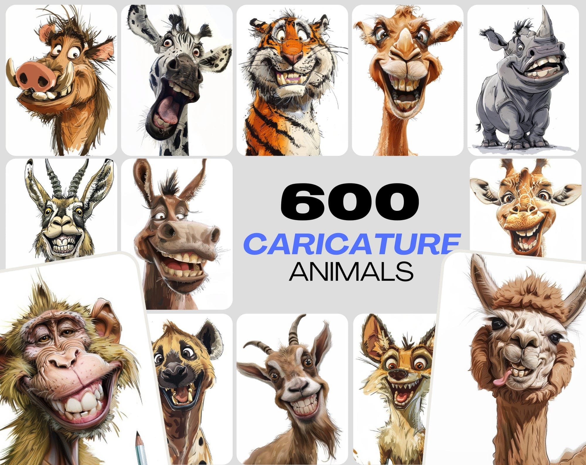 600 Caricature Animals Collection: High-Res Digital Wildlife Art for C
