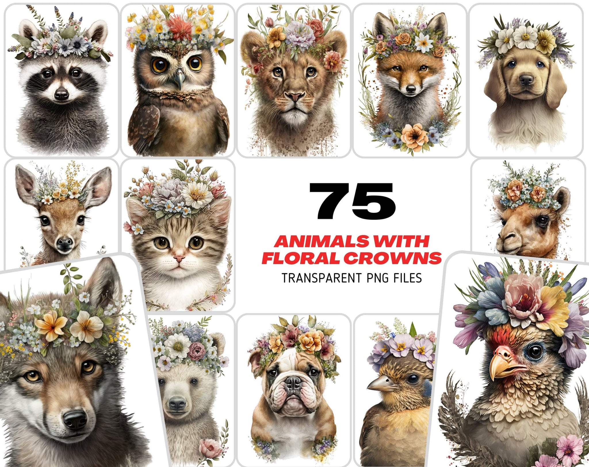 Floral-crowned animals. Baby room wall art. Transparent PNG Watercolor