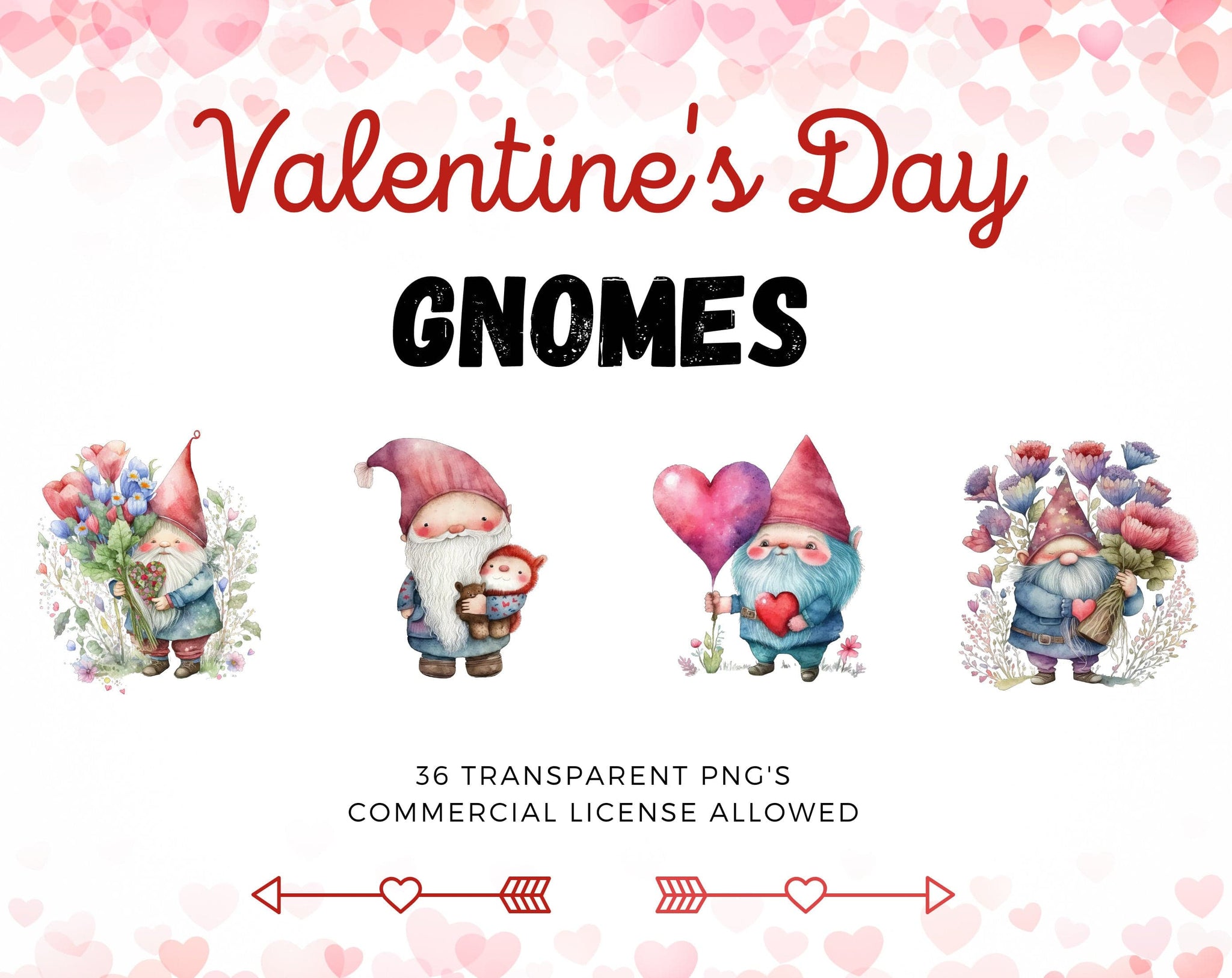 Valentine's Day Gnome Watercolor Clipart Bundle PNG for Her, Digital D