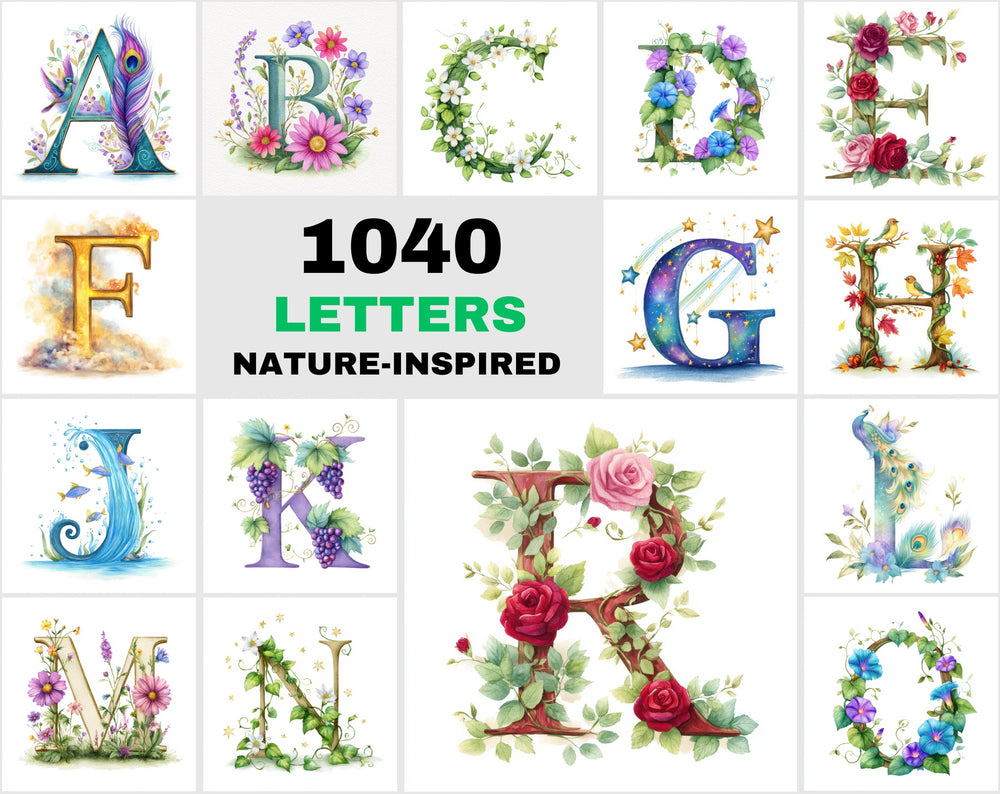 1040 Watercolor Floral Letters – Nature-Inspired Alphabet Clipart