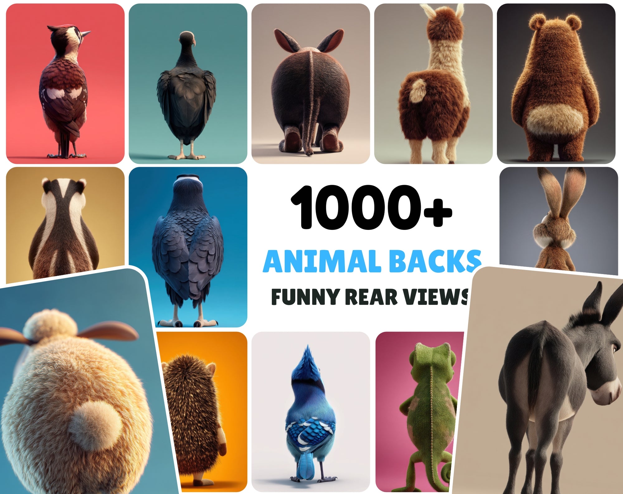 1080 Funny Animal Backs – Unique Rear View Animal Illustrations JPG Bu