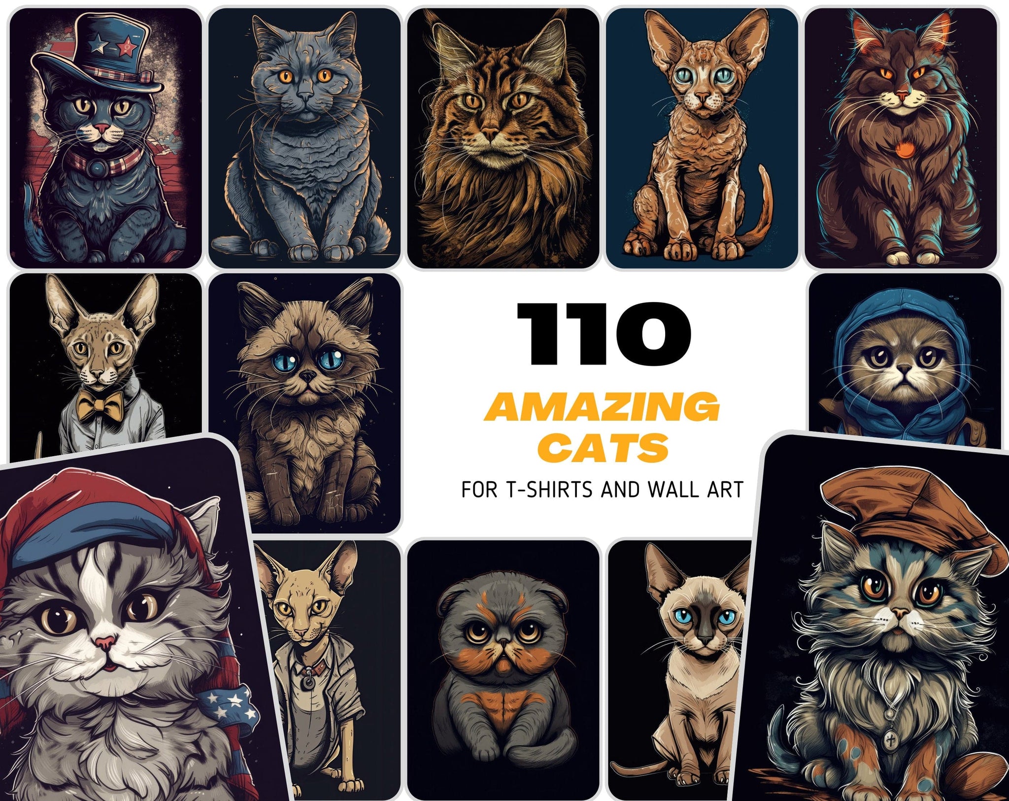 110 Cartoon Cat Breed T-Shirt Designs Bundle