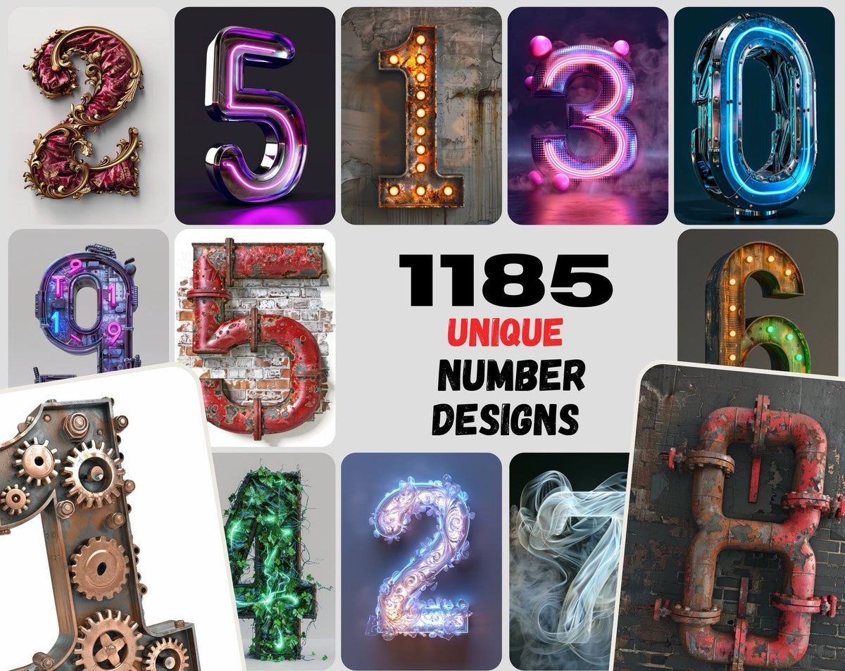 1185 Artistic Numbers Collection: Cyberpunk, Steampunk, and More