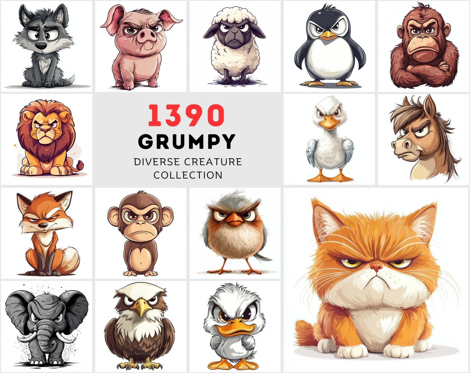 1390 Grumpy Animal Illustrations: Diverse Creature Collection