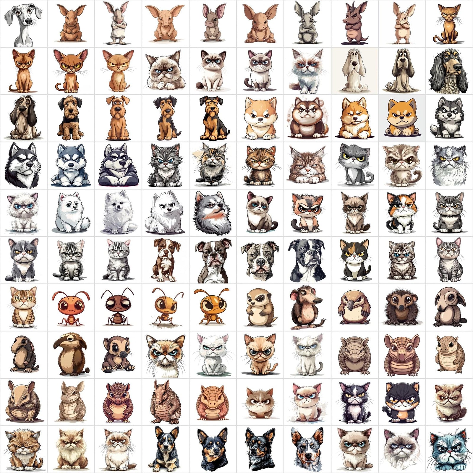 1390 Grumpy Animal Illustrations: Diverse Creature Collection