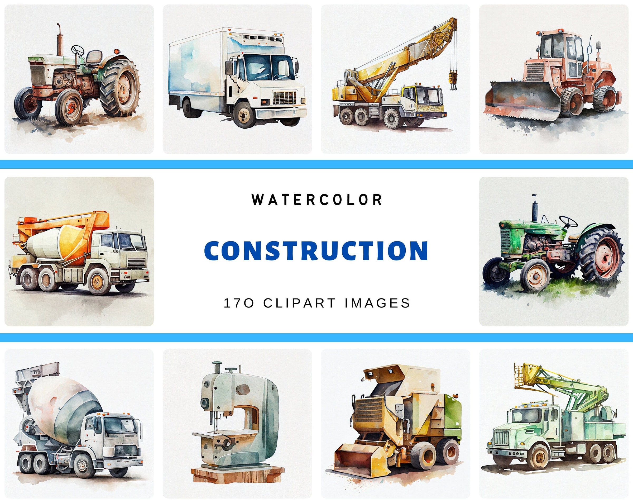 170 High-Quality Watercolor Images of Construction Tools, Equipment, a