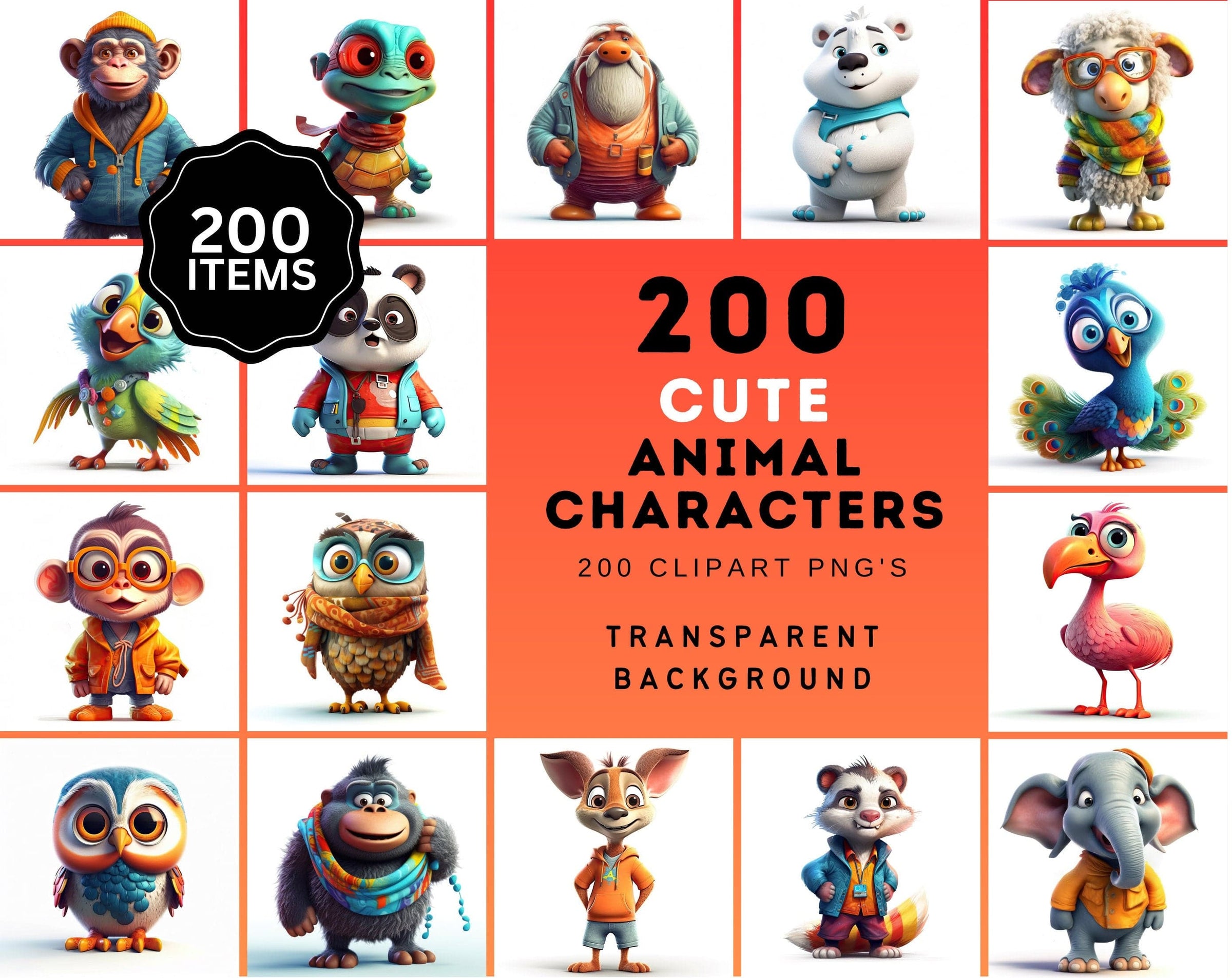 200 Adorable 3D Animal Clipart Bundle, Cute Transparent Background Ima