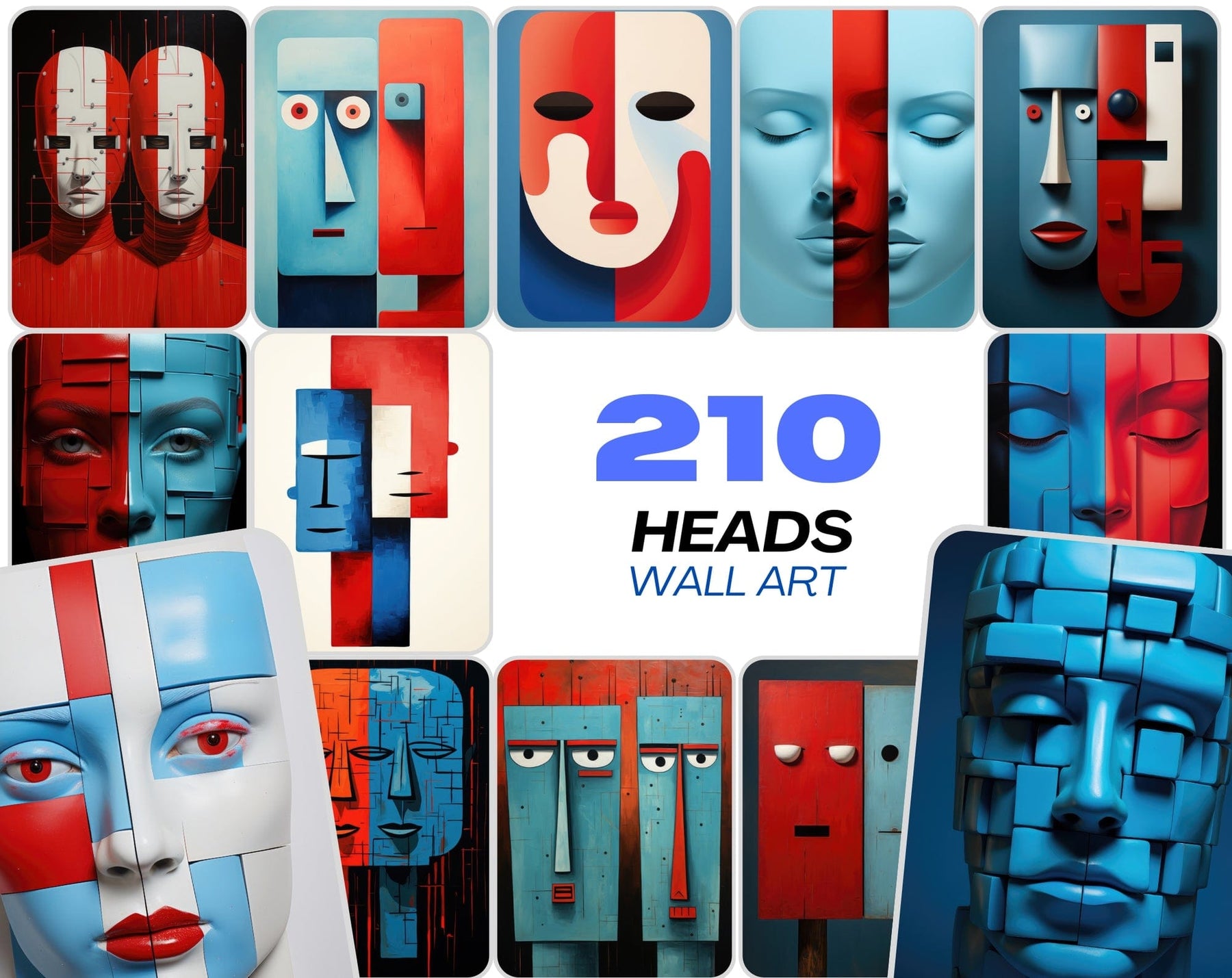 210 Wall Art PNG Images - Colorful Square Heads, Red and Blue Accents,