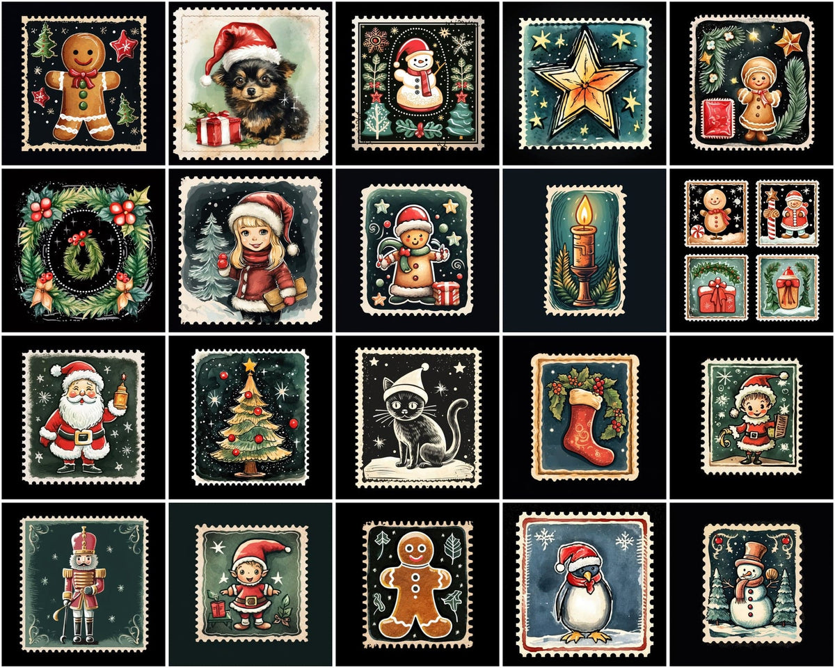 220 Christmas Stamps PNG Bundle: Colorful, High-Resolution, Transparen