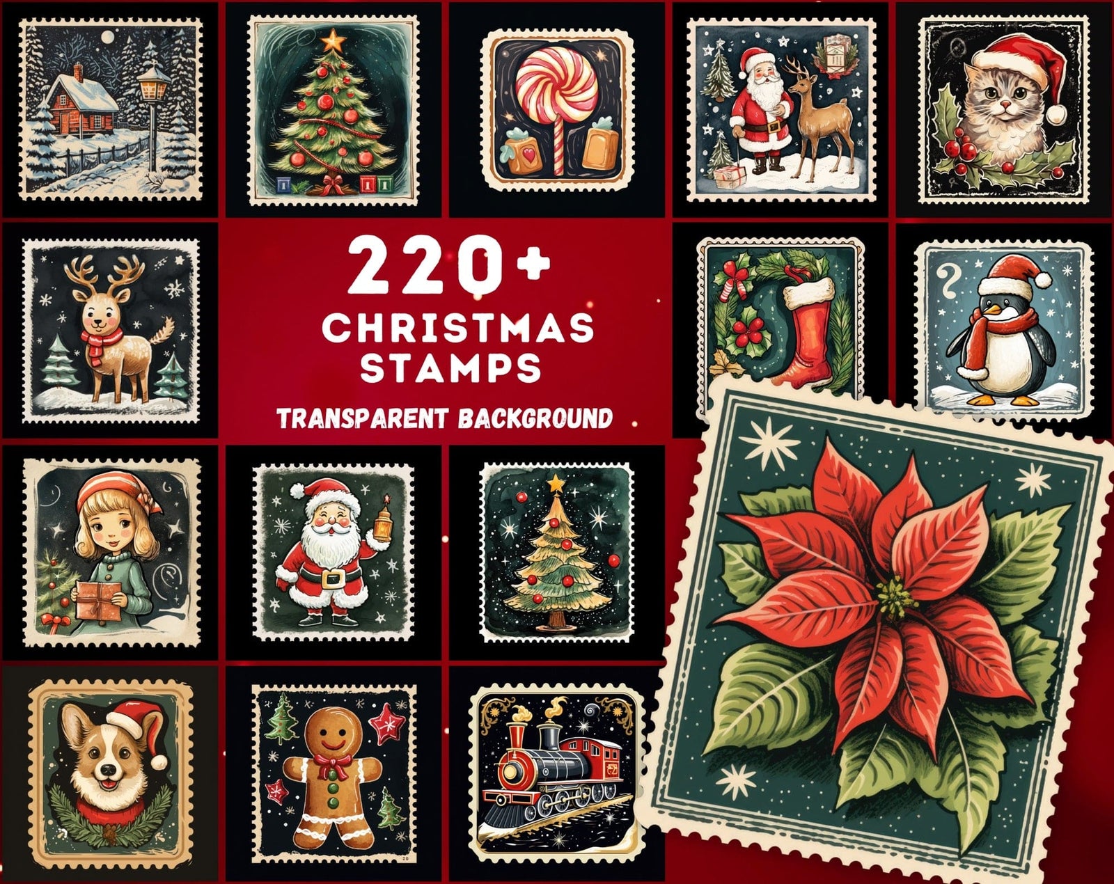 220 Christmas Stamps PNG Bundle: Colorful, High-Resolution, Transparen