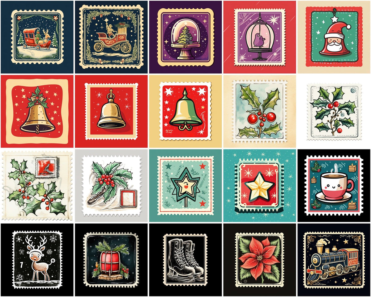220 Christmas Stamps PNG Bundle: Colorful, High-Resolution, Transparen