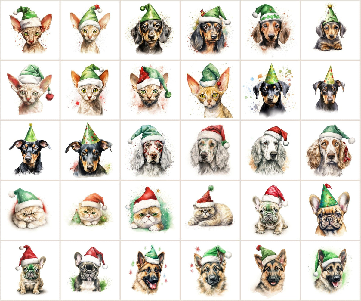 280 Animal Santa Hat PNGs: Dogs, Cats, Christmas Clipart, Commercial L