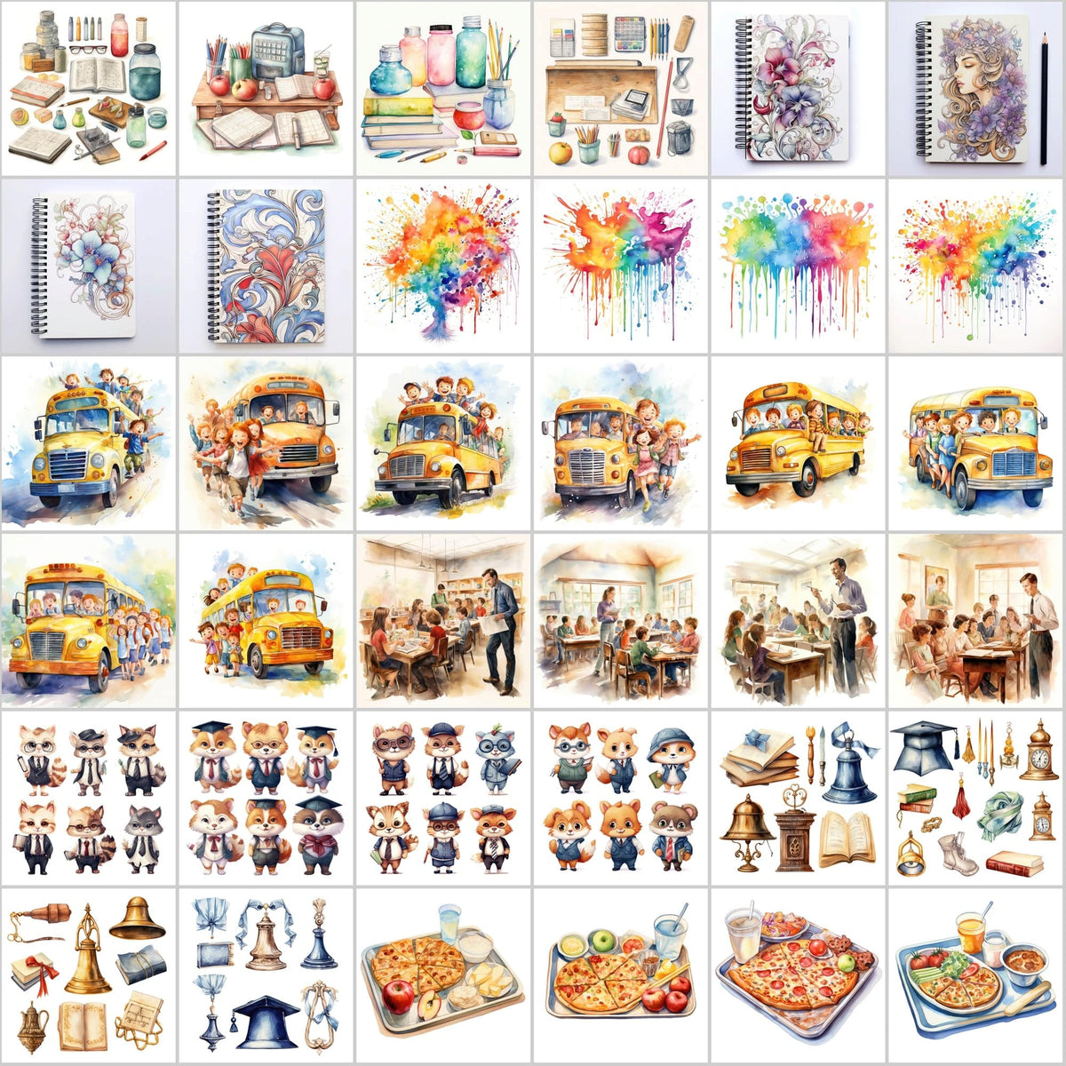 385 School-Themed Watercolor Clipart: Perfect for Teachers, Small Busi
