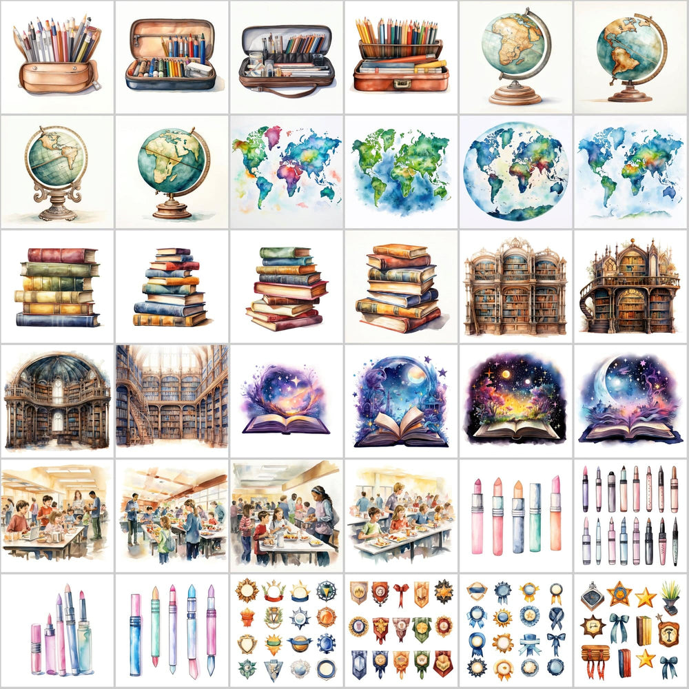 385 School-Themed Watercolor Clipart: Perfect for Teachers, Small Busi