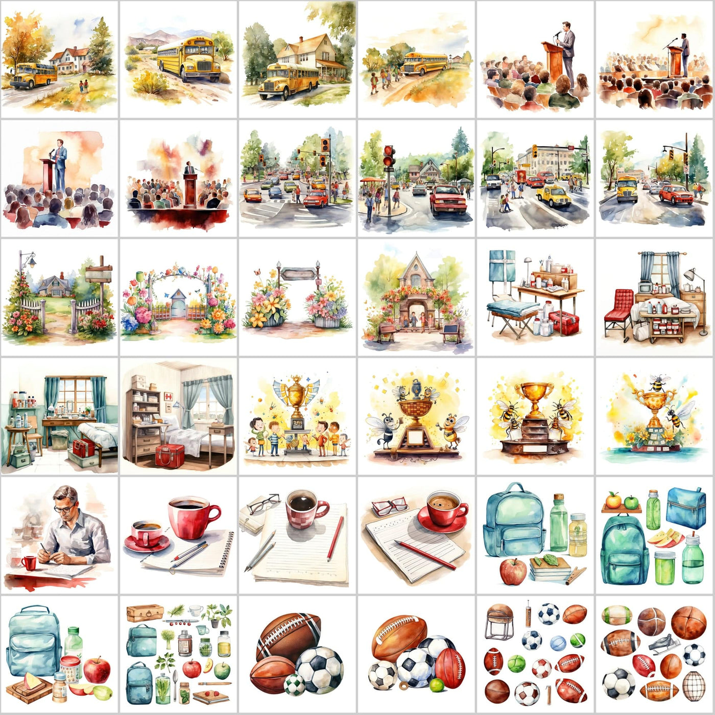 385 School-Themed Watercolor Clipart: Perfect for Teachers, Small Busi