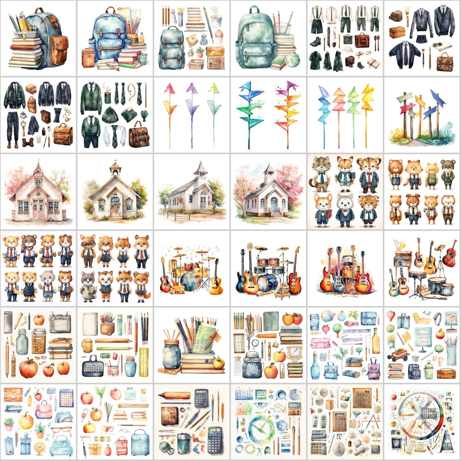 385 School-Themed Watercolor Clipart: Perfect for Teachers, Small Busi