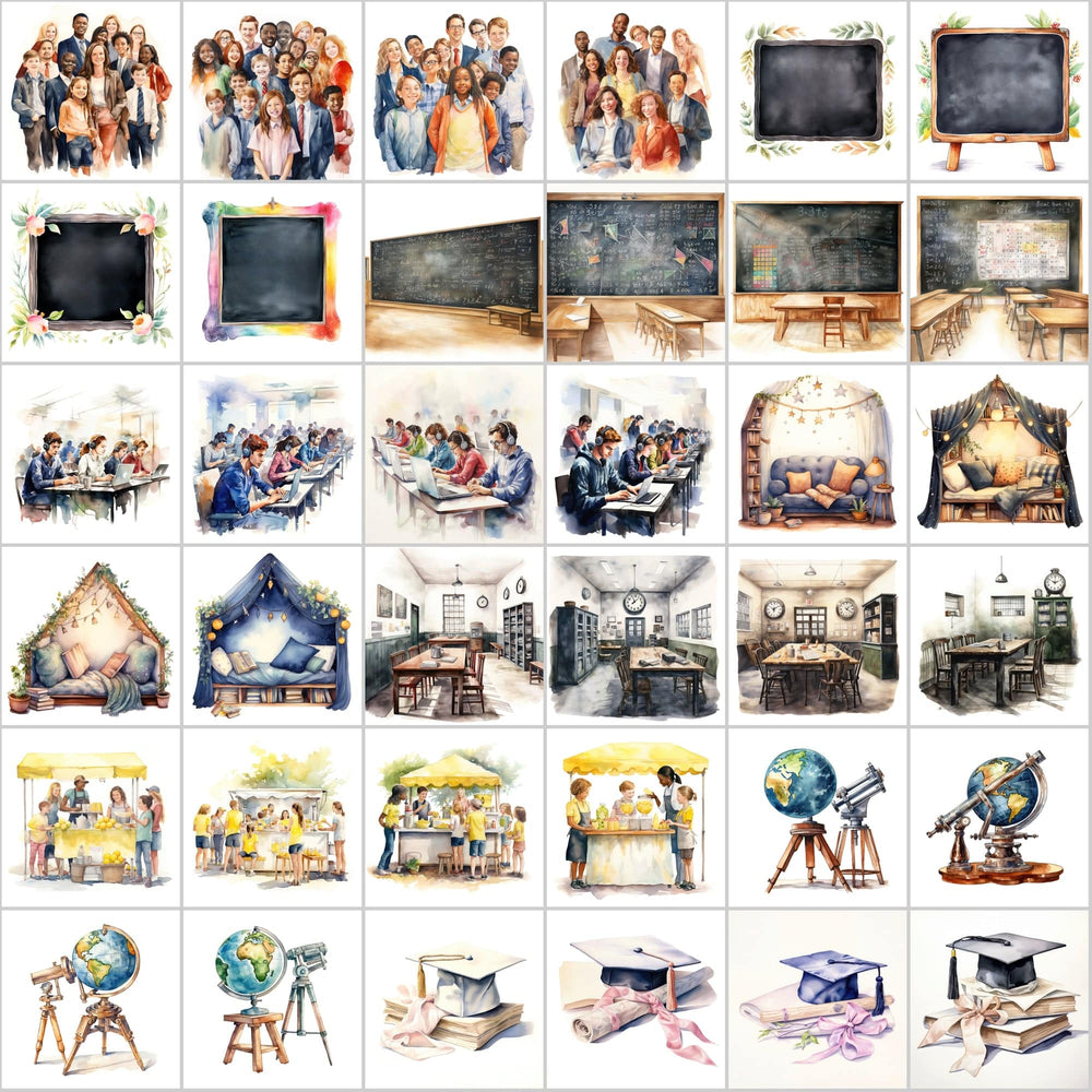 385 School-Themed Watercolor Clipart: Perfect for Teachers, Small Busi