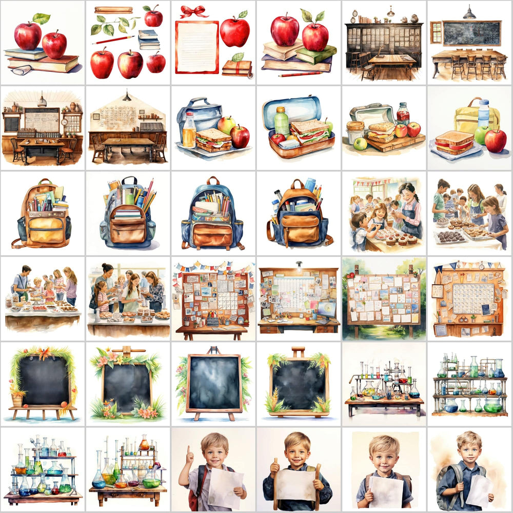 385 School-Themed Watercolor Clipart: Perfect for Teachers, Small Busi