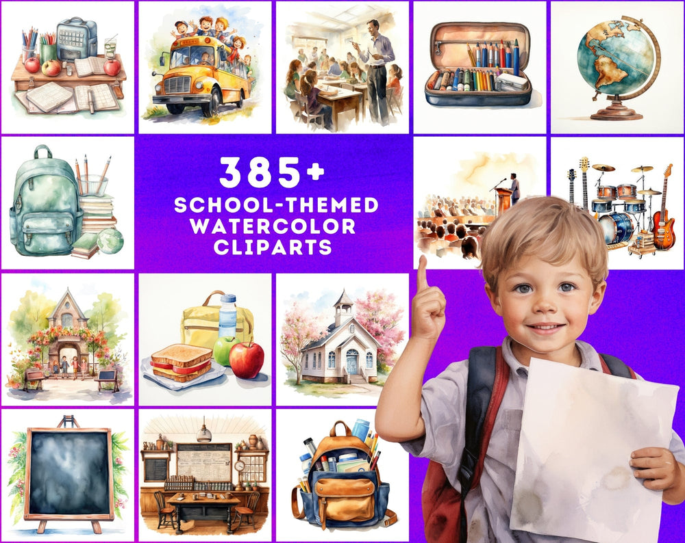385 School-Themed Watercolor Clipart: Perfect for Teachers, Small Busi