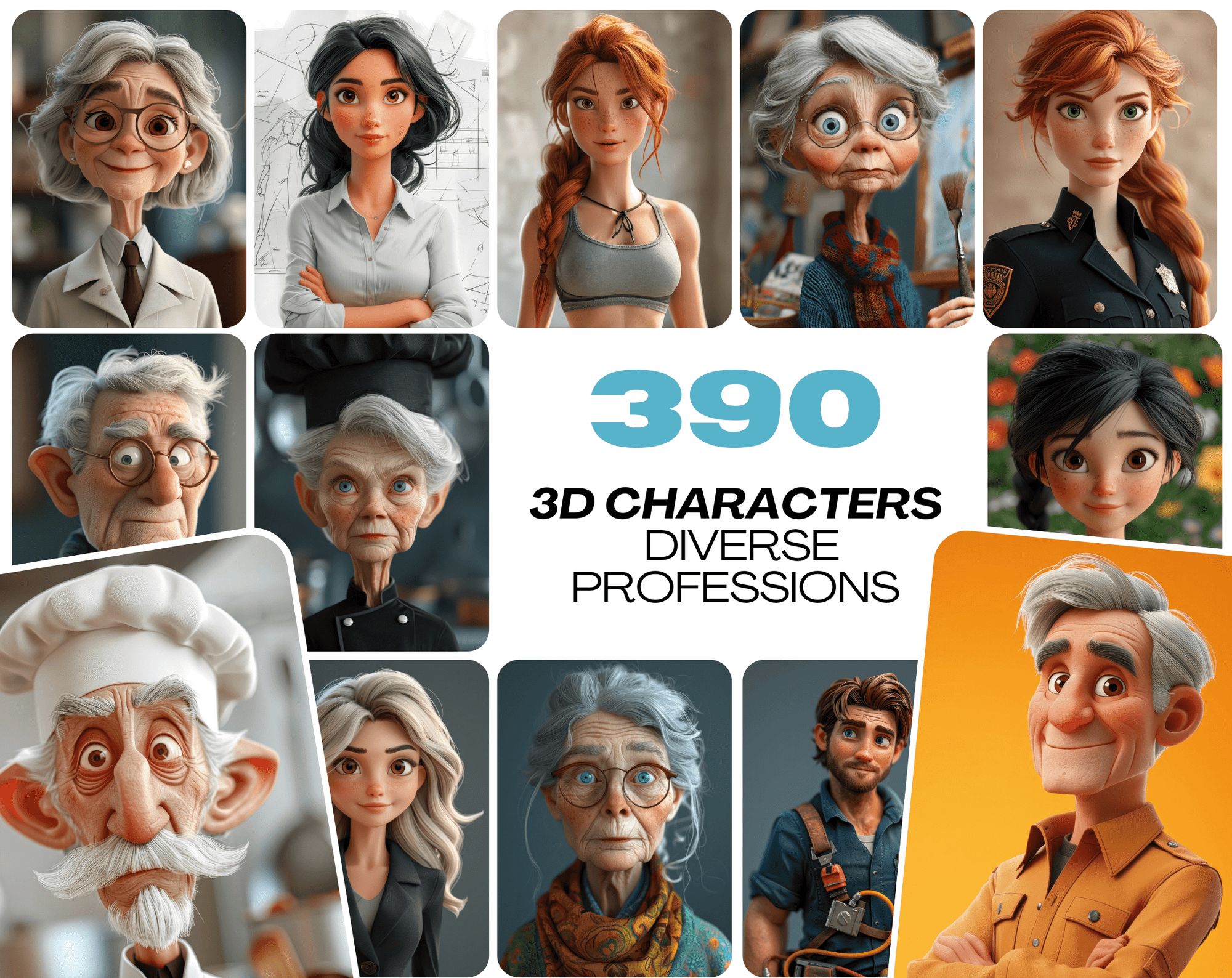 390 Unique 3D Character Images - Diverse Professions - High-Resolution