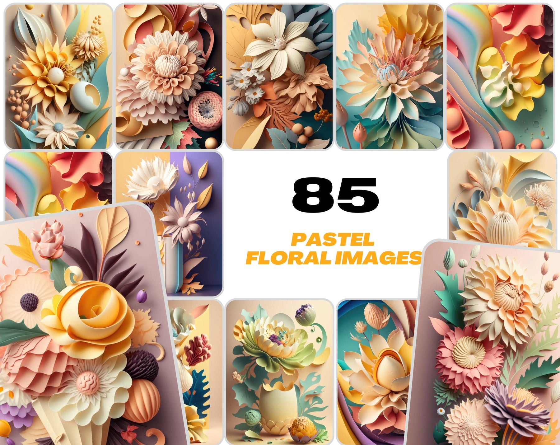3D Pastel Floral Image Bundle, 85 Printable Artworks, Canvas Wall Art,