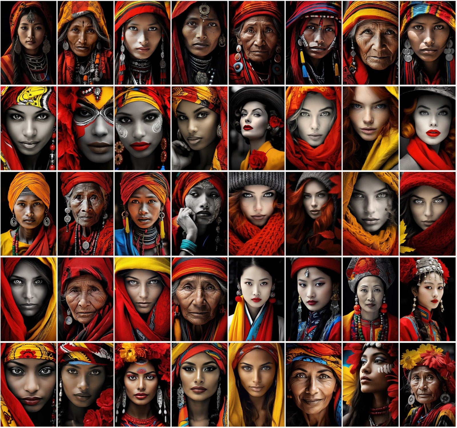 400 Close-Up Women Portraits: Diverse Countries, Selective Color, Comm