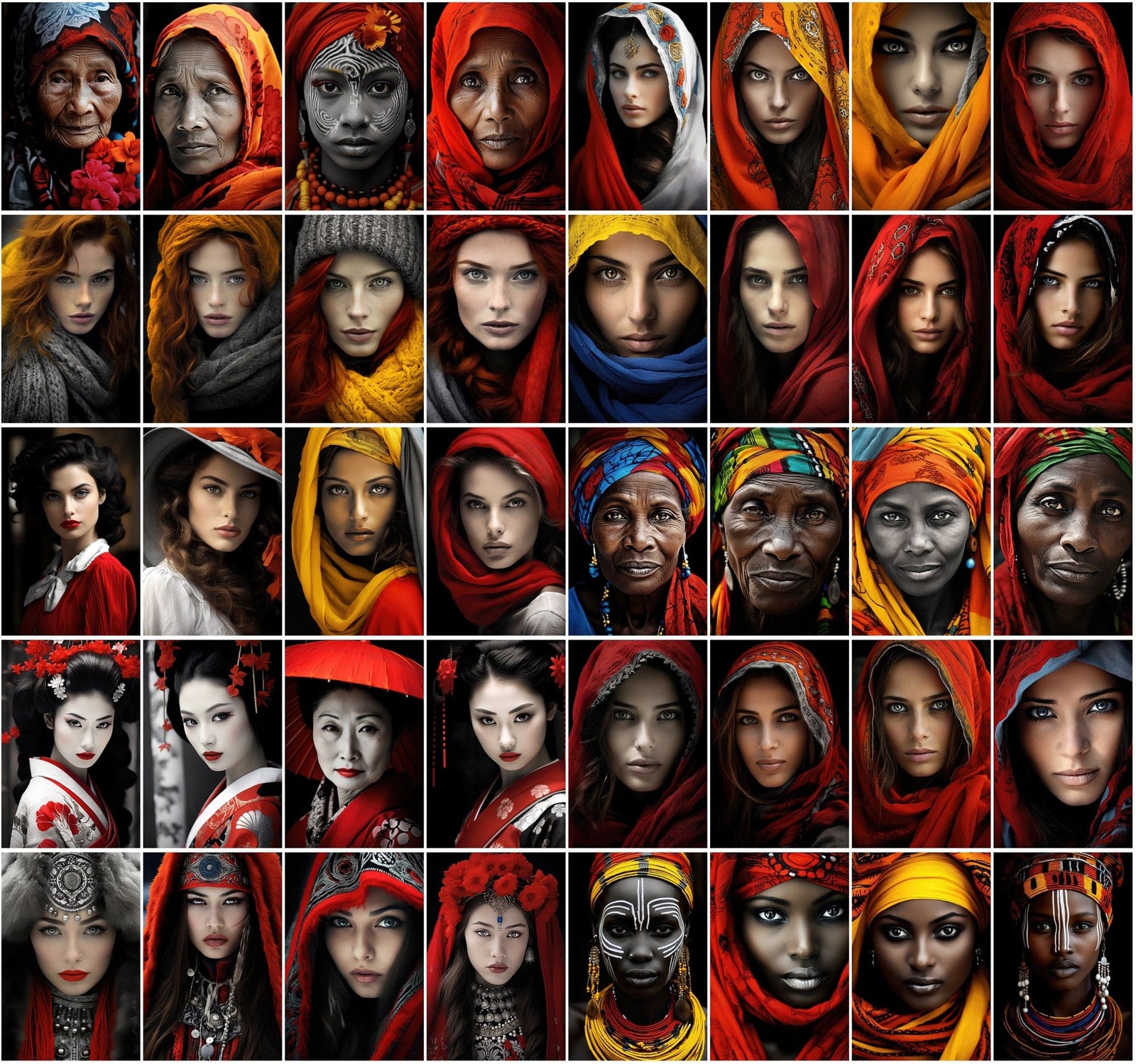 400 Close-Up Women Portraits: Diverse Countries, Selective Color, Comm