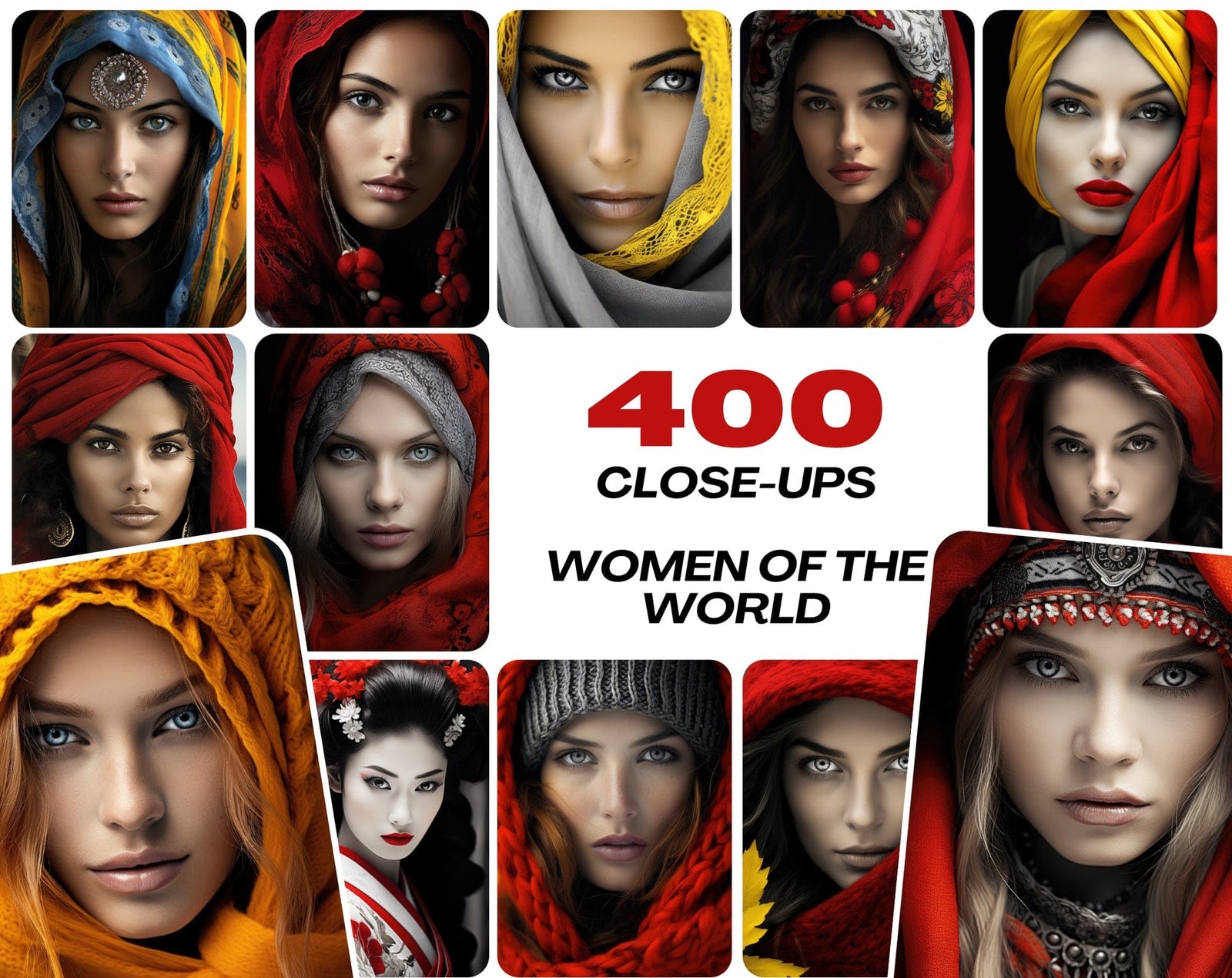 400 Close-Up Women Portraits: Diverse Countries, Selective Color, Comm