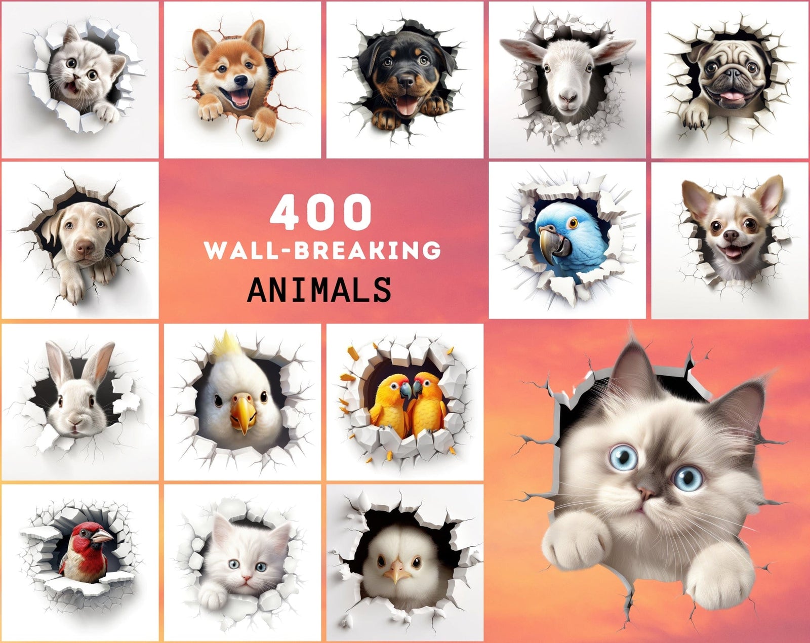 400 High-Res Animal Wall Breakthrough PNGs, Commercial License Include
