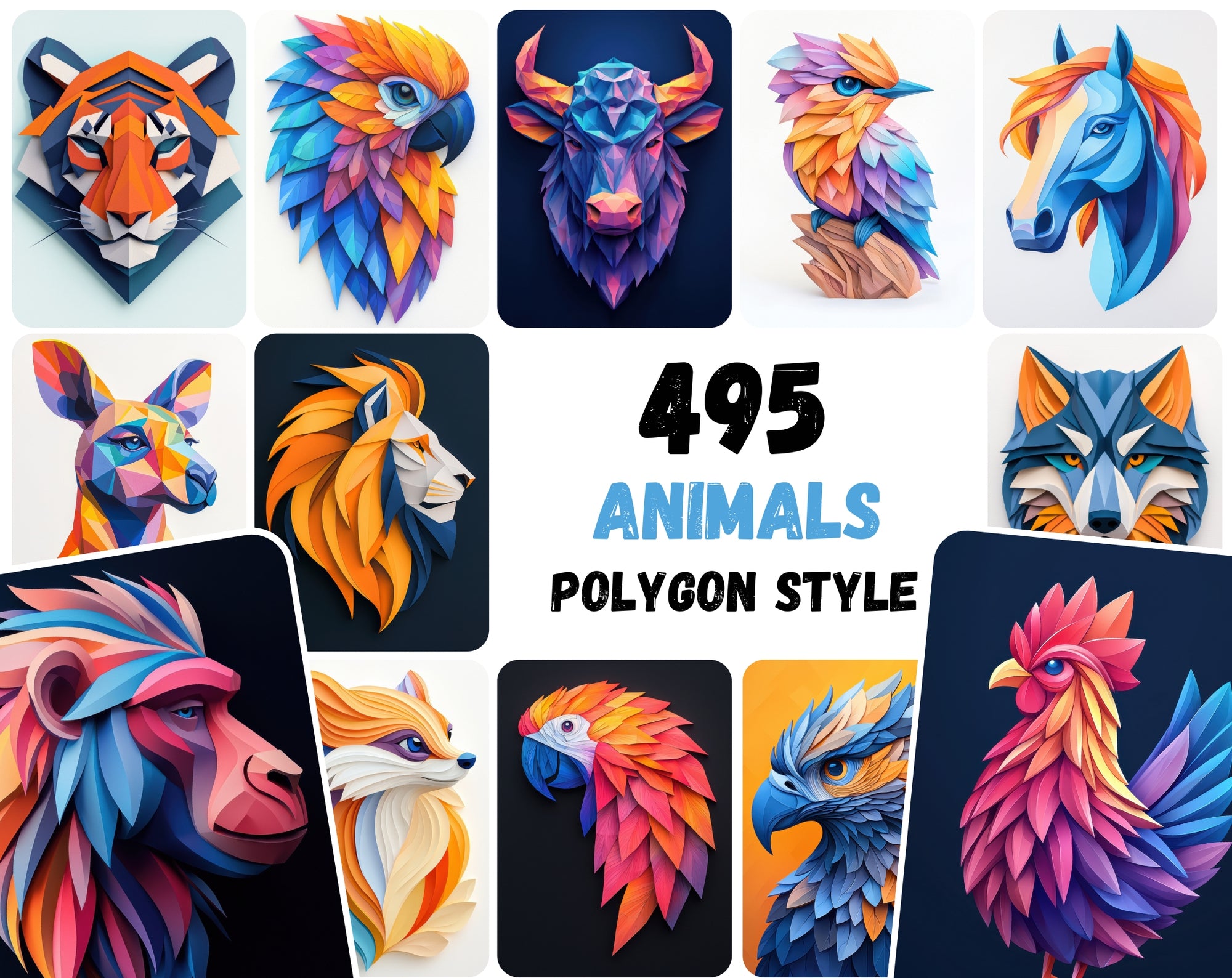 495 Polygon Style Animal Graphics - Vibrant Colorful Animal Art, Comme