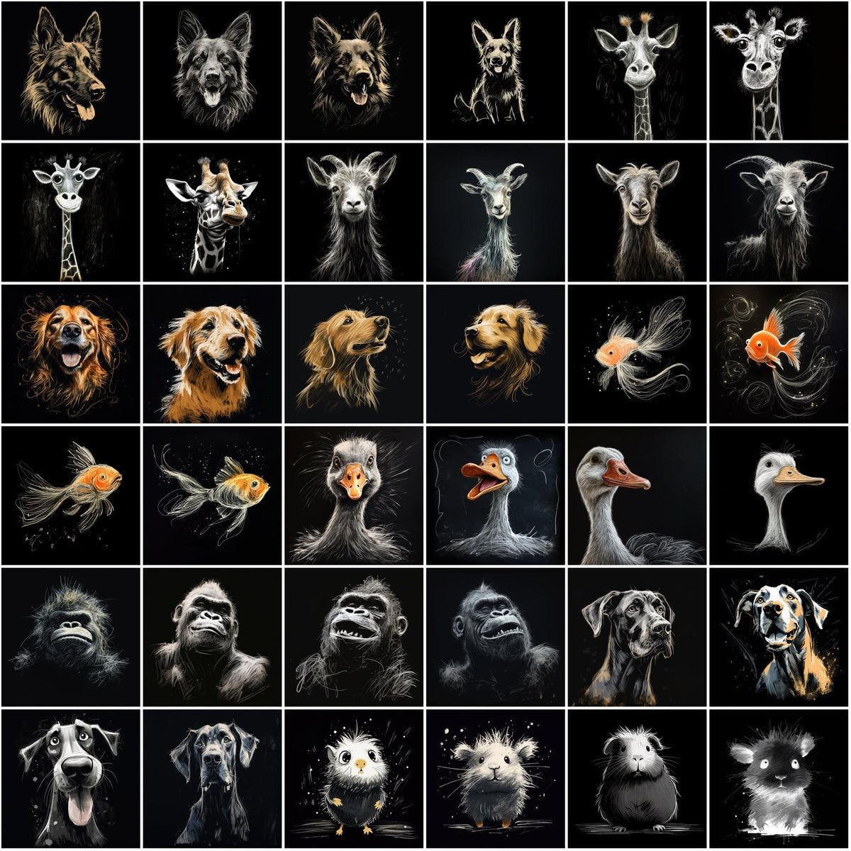 500 Chalk Animal Illustrations - High-Resolution PNG, Commercial Licen