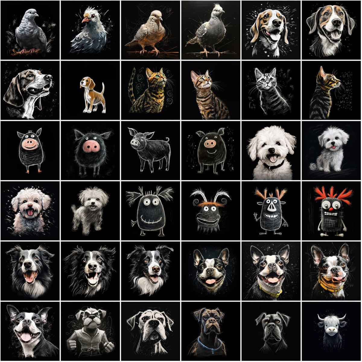 500 Chalk Animal Illustrations - High-Resolution PNG, Commercial Licen
