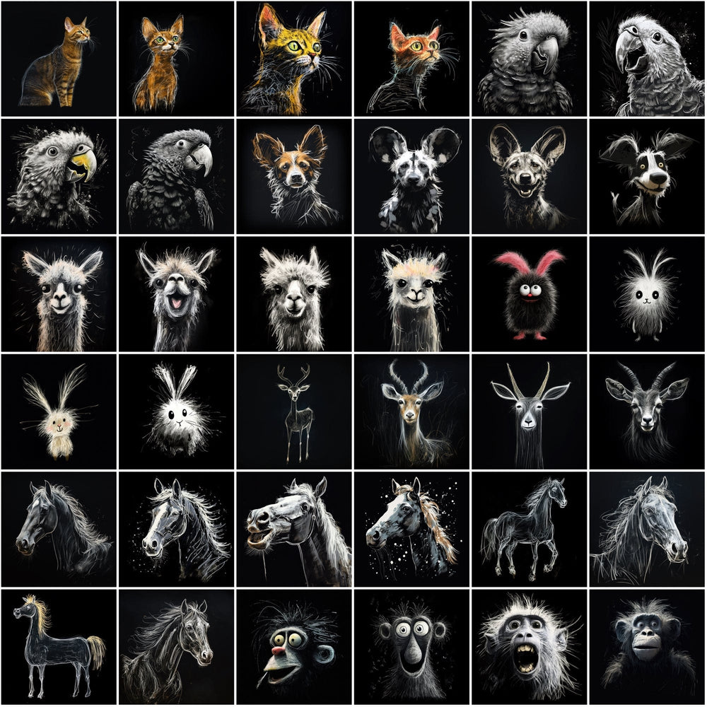500 Chalk Animal Illustrations - High-Resolution PNG, Commercial Licen