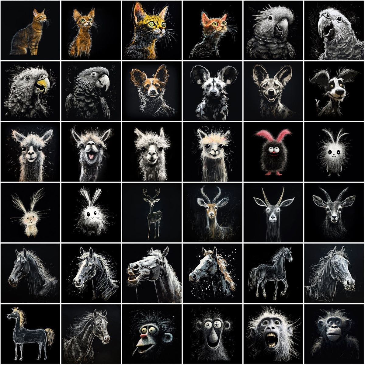 500 Chalk Animal Illustrations - High-Resolution PNG, Commercial Licen