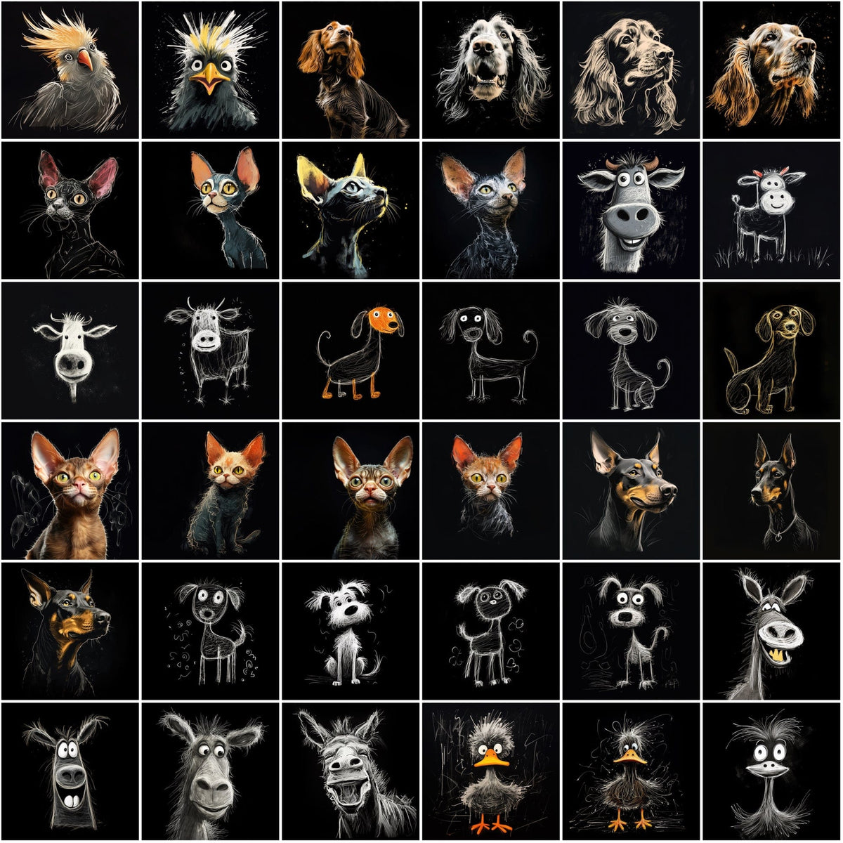 500 Chalk Animal Illustrations - High-Resolution PNG, Commercial Licen