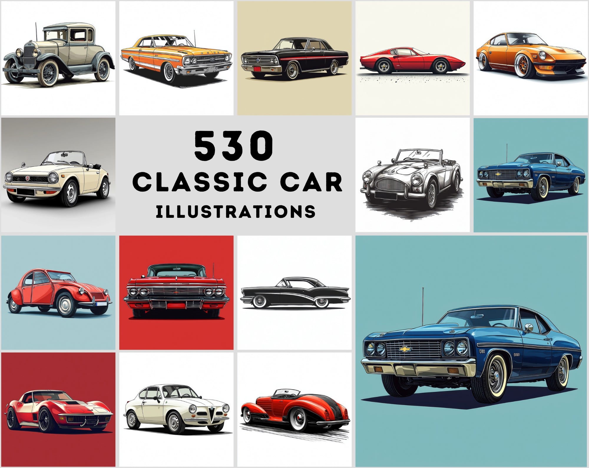 530 Classic Car Illustration Images – High-Res Retro Style JPGs with C