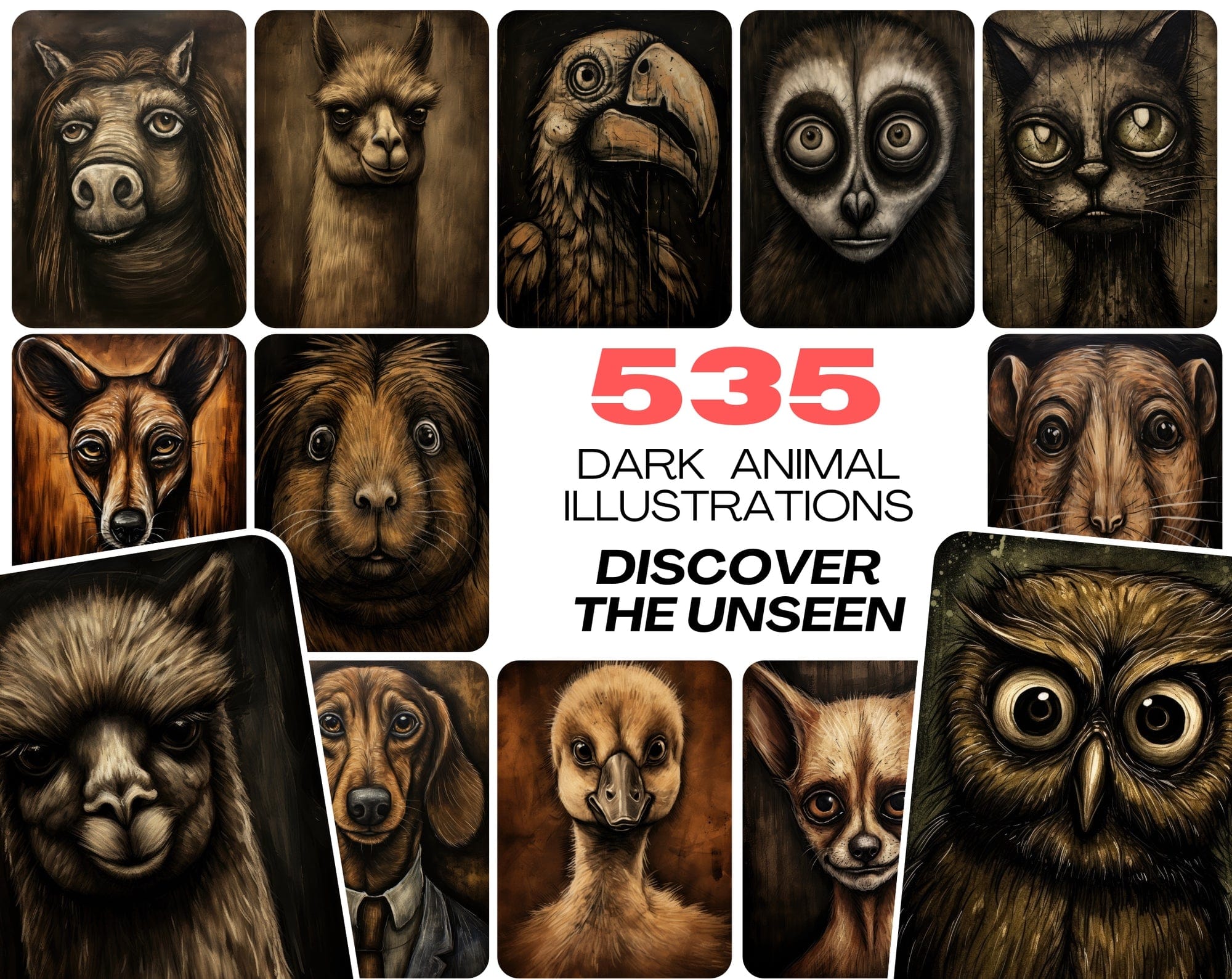 535 Unique Dark Animal Illustrations with Commercial License