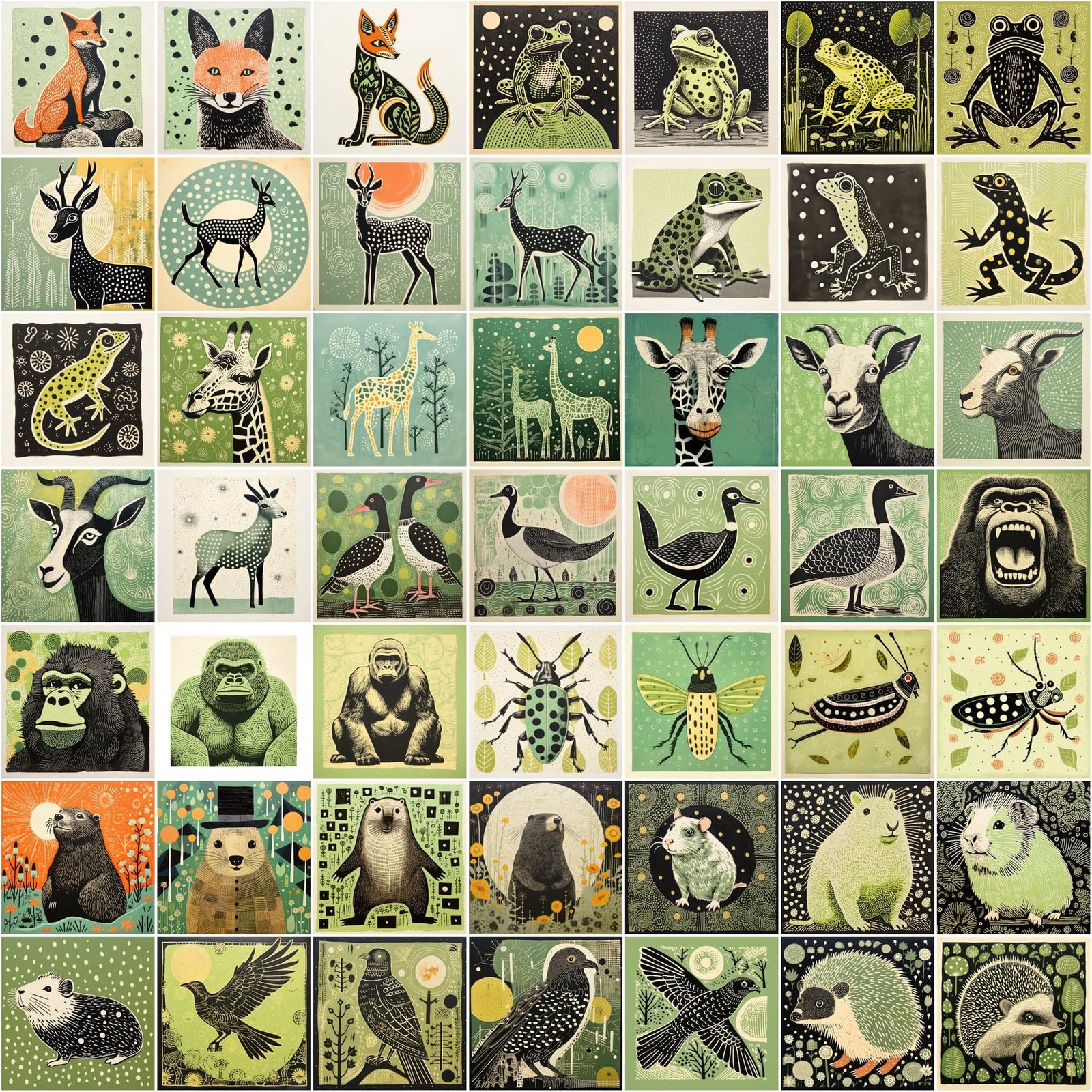 550 Stylized Animal Portraits, Green-Themed Colorful Digital Artwork w