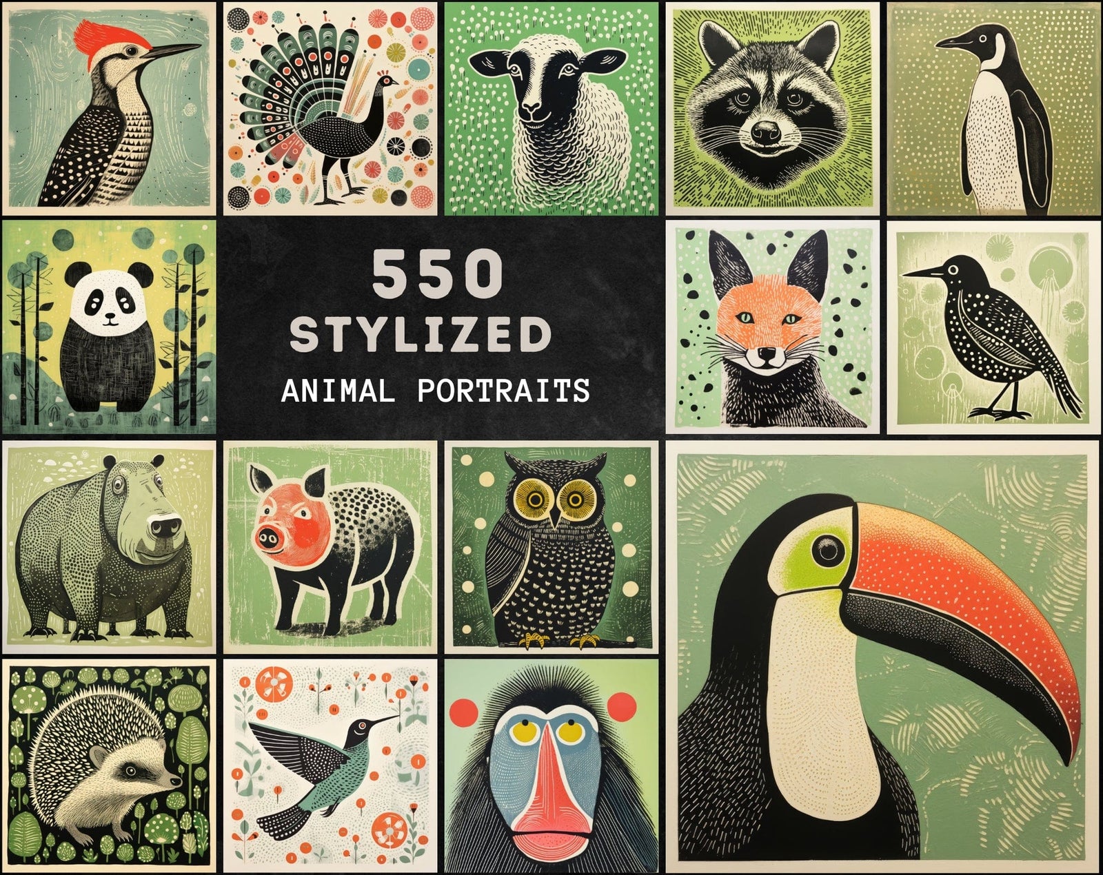 550 Stylized Animal Portraits, Green-Themed Colorful Digital Artwork w
