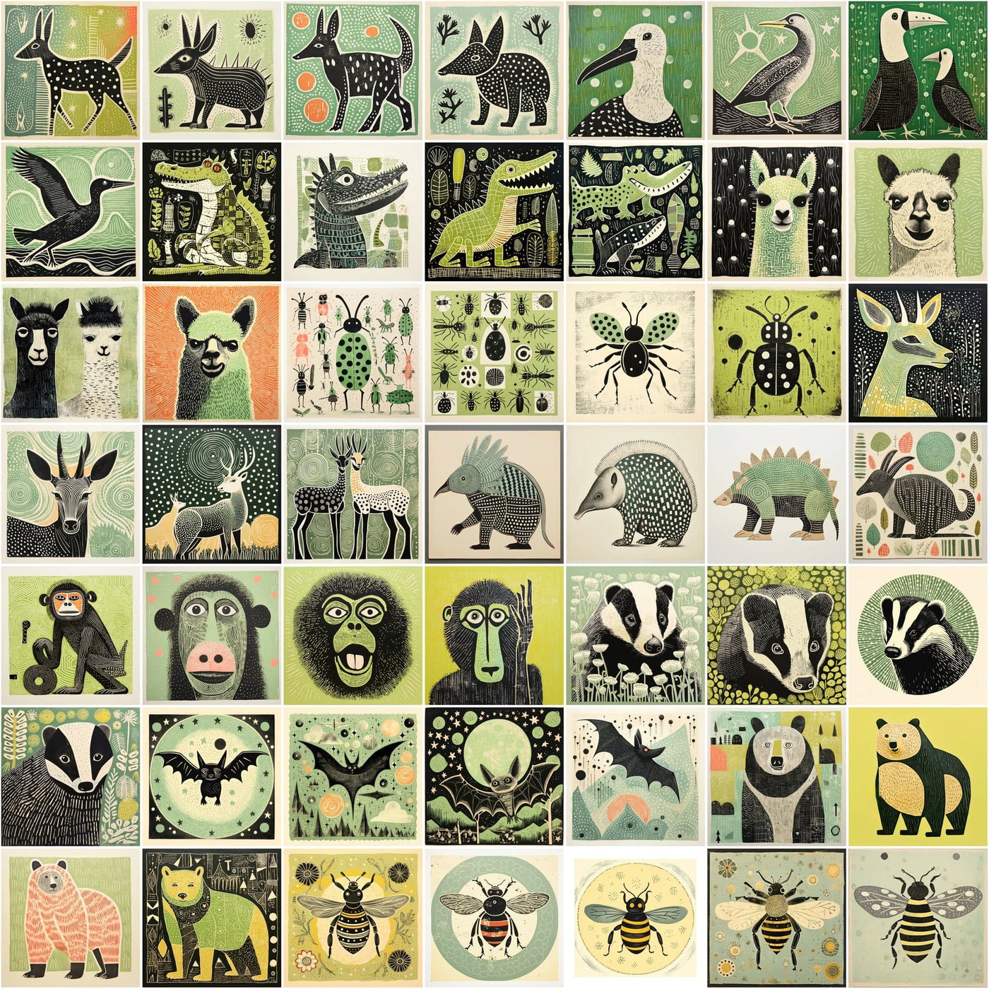 550 Stylized Animal Portraits, Green-Themed Colorful Digital Artwork w