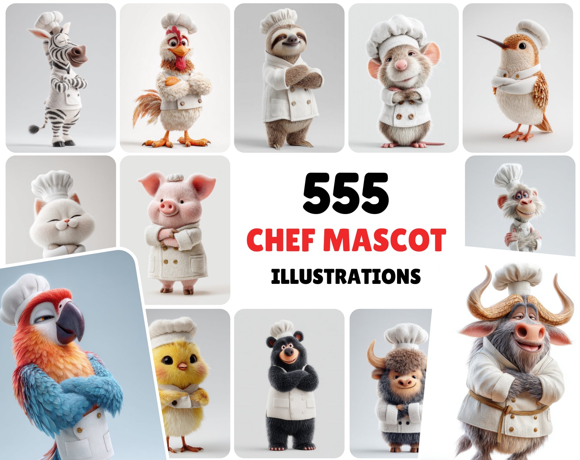555 Cute 3D Chef Animal Mascots – High-Quality JPG Character Bundle fo
