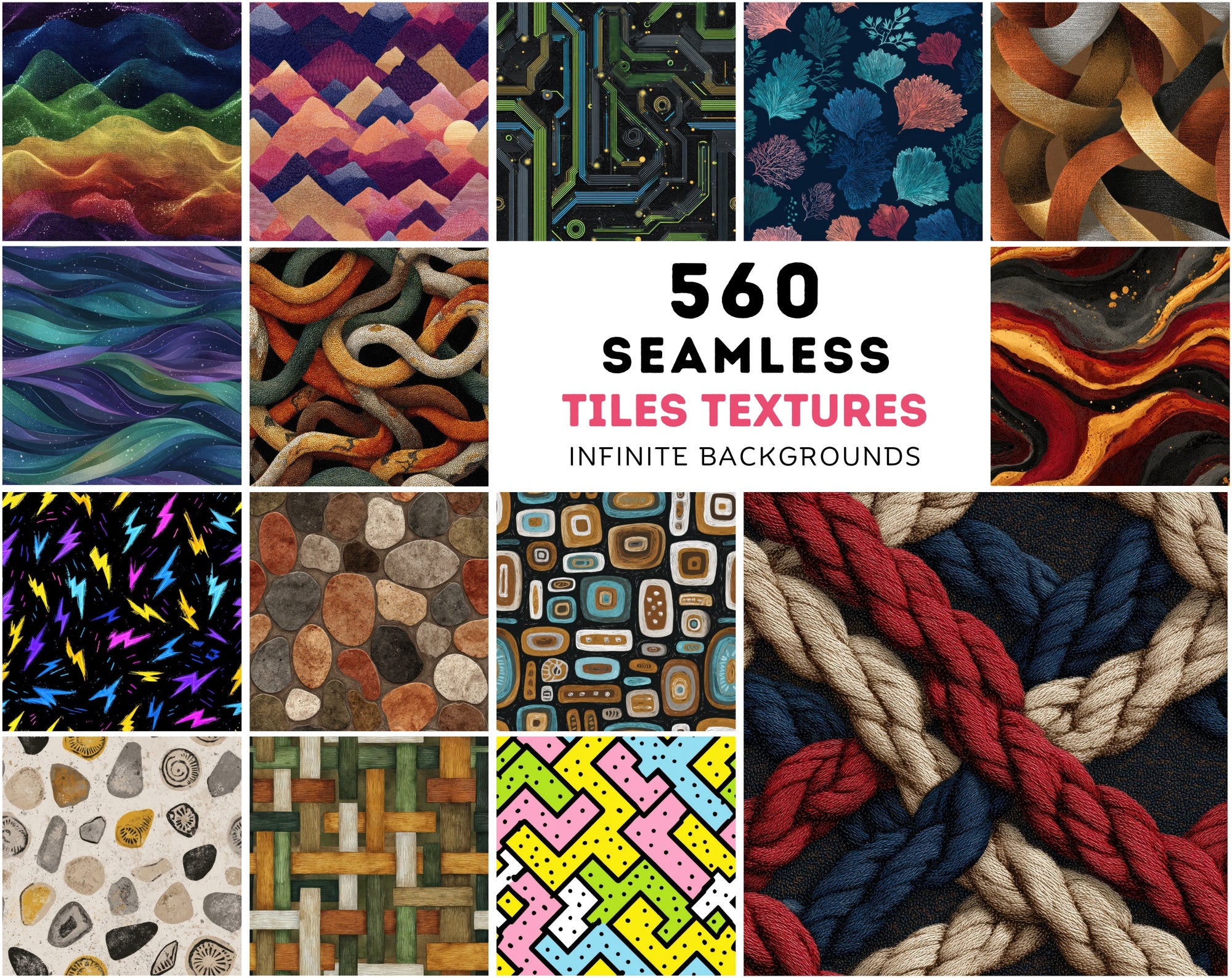 560 Seamless Pattern Tiles – Colorful Abstract Designs in JPG & .PAT f
