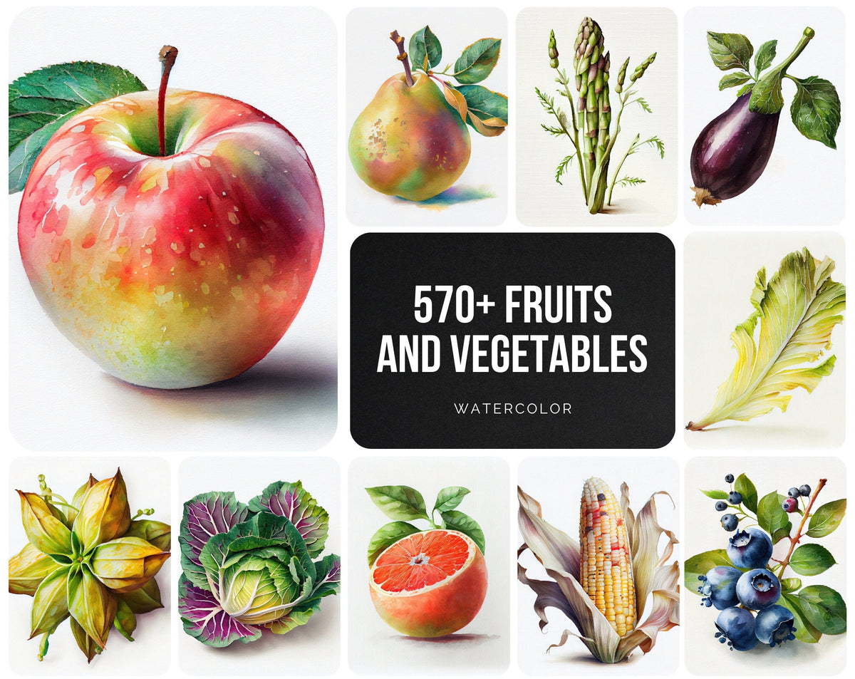 570 Vibrant Watercolor Fruits and Vegetables Bundle for Commercial Use