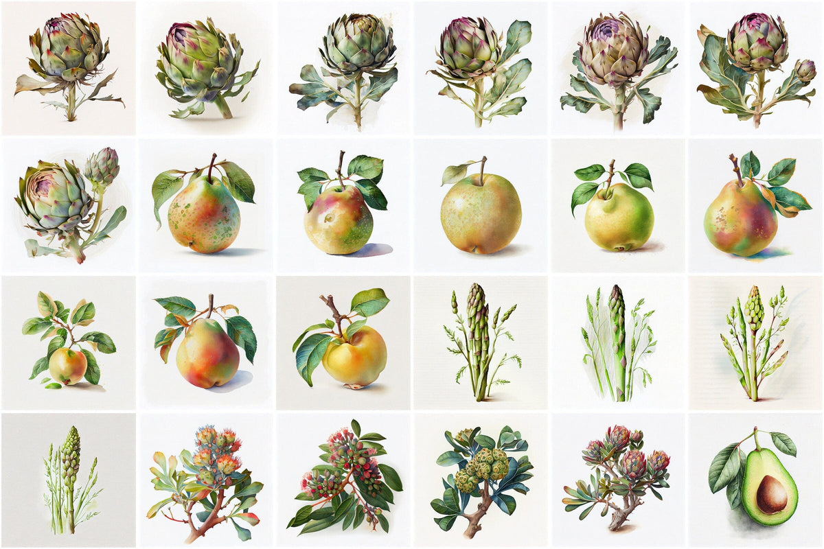 570 Vibrant Watercolor Fruits and Vegetables Bundle for Commercial Use
