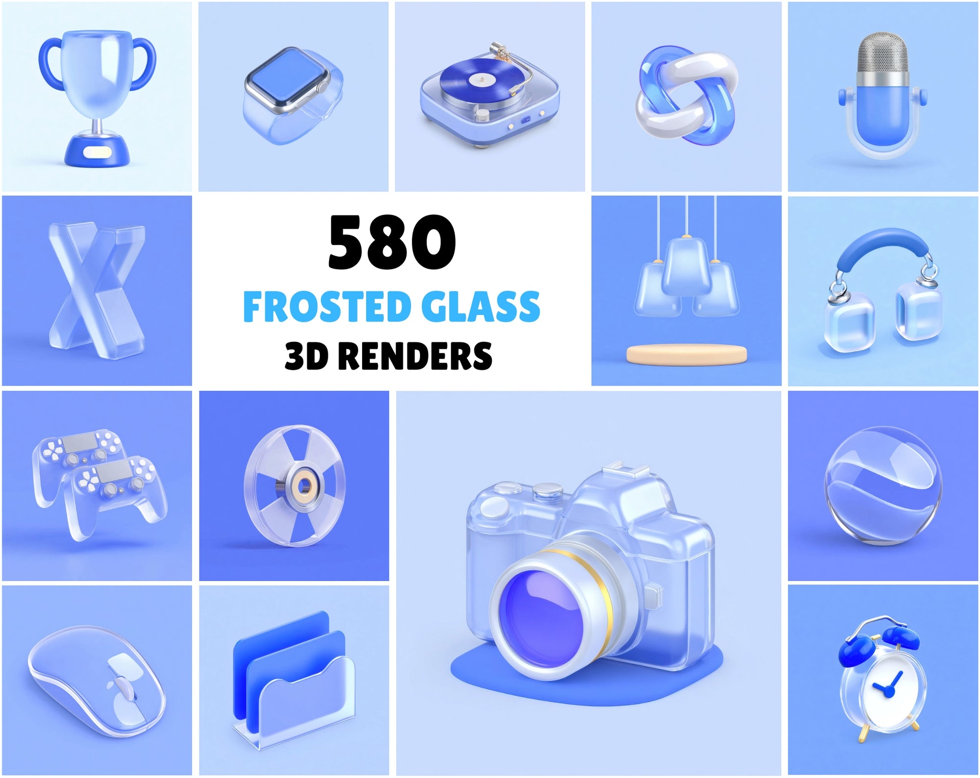 580 Frosted Glass 3D Renders – Elegant Minimal Glassmorphism Objects C
