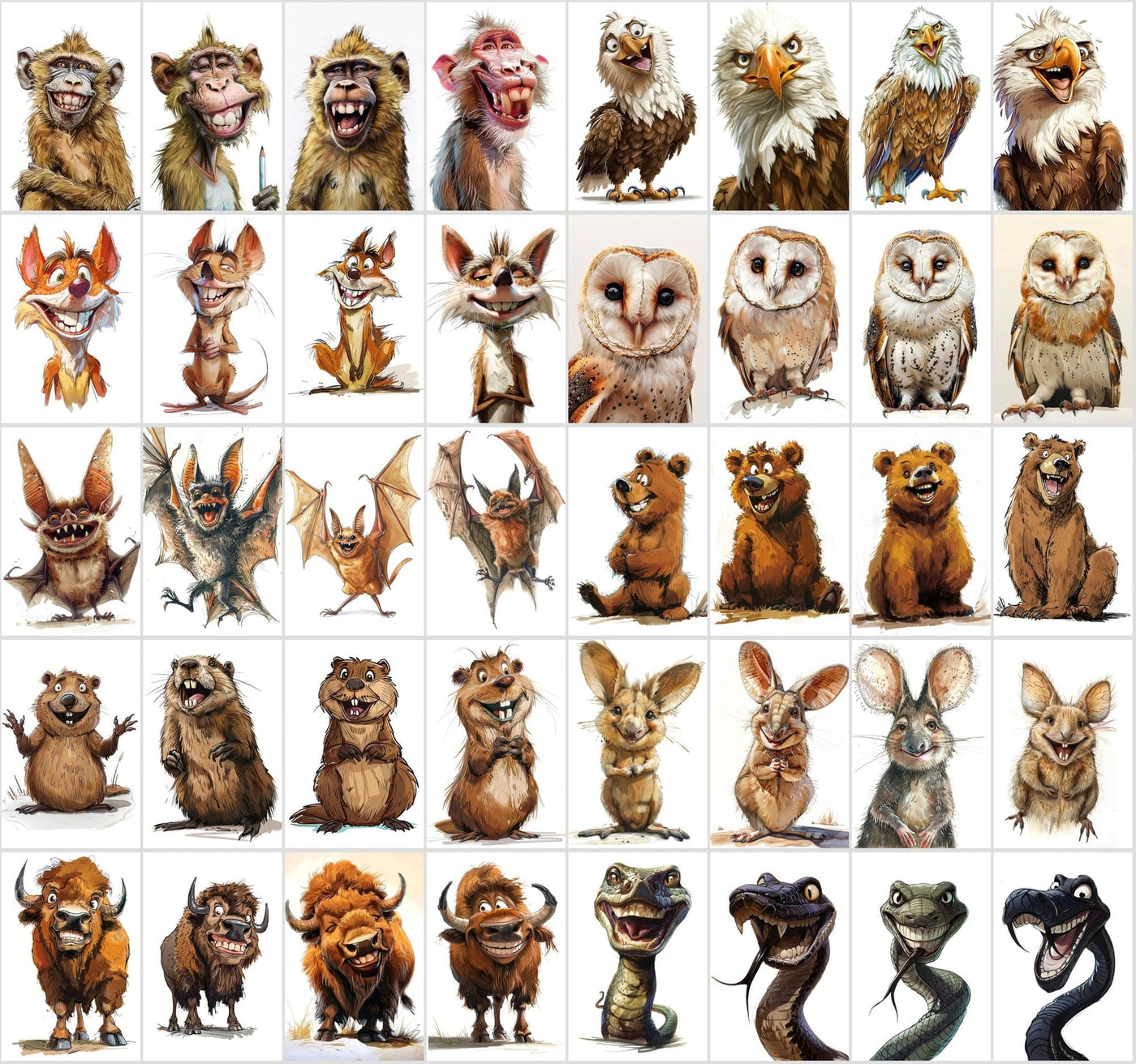 600 Caricature Animals Collection: High-Res Digital Wildlife Art for C