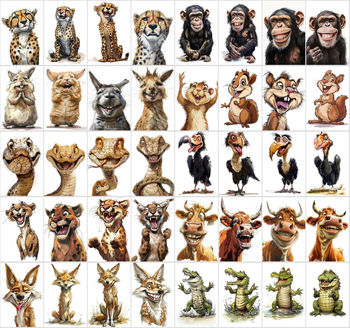 600 Caricature Animals Collection: High-Res Digital Wildlife Art for C