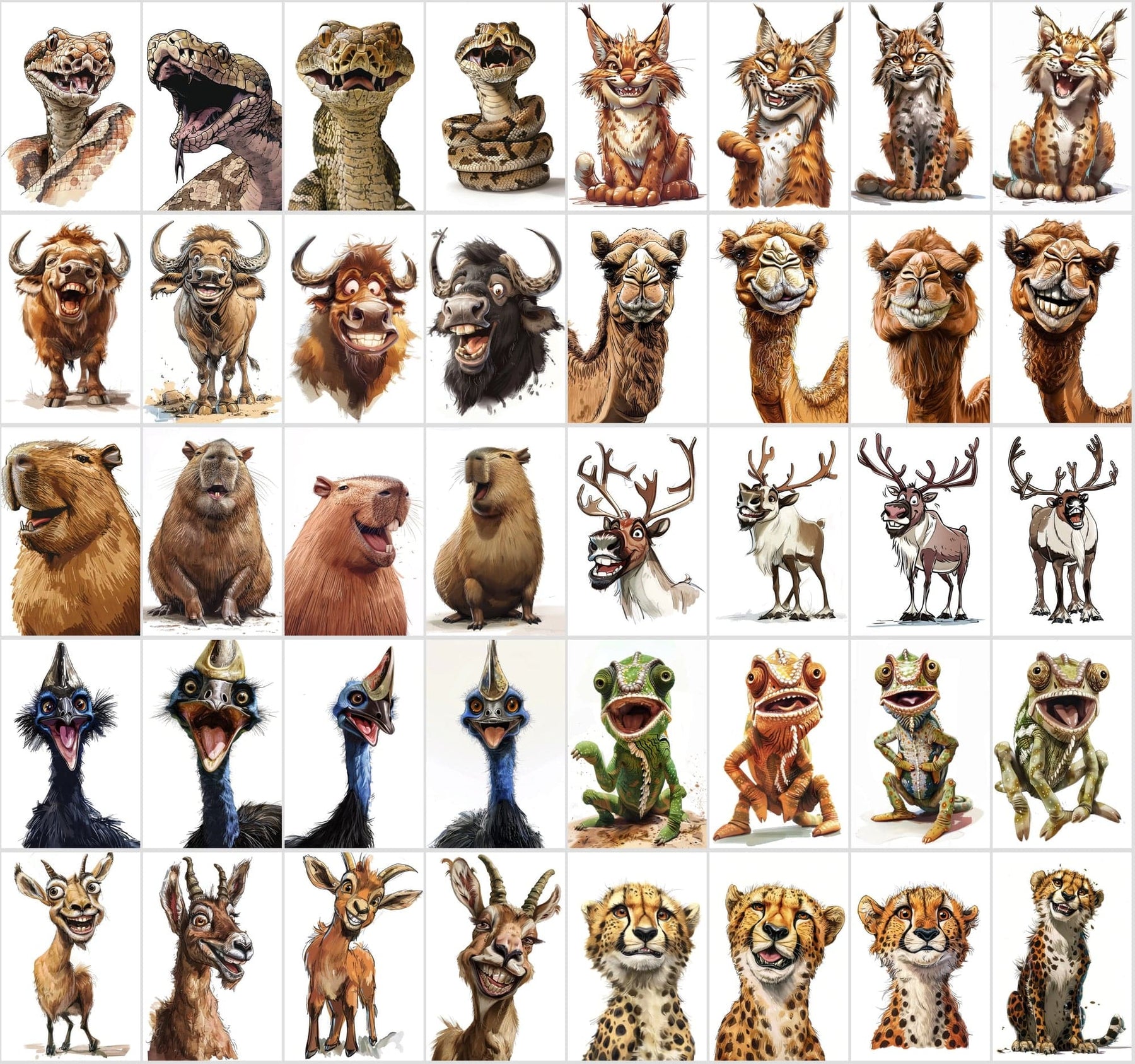 600 Caricature Animals Collection: High-Res Digital Wildlife Art for C