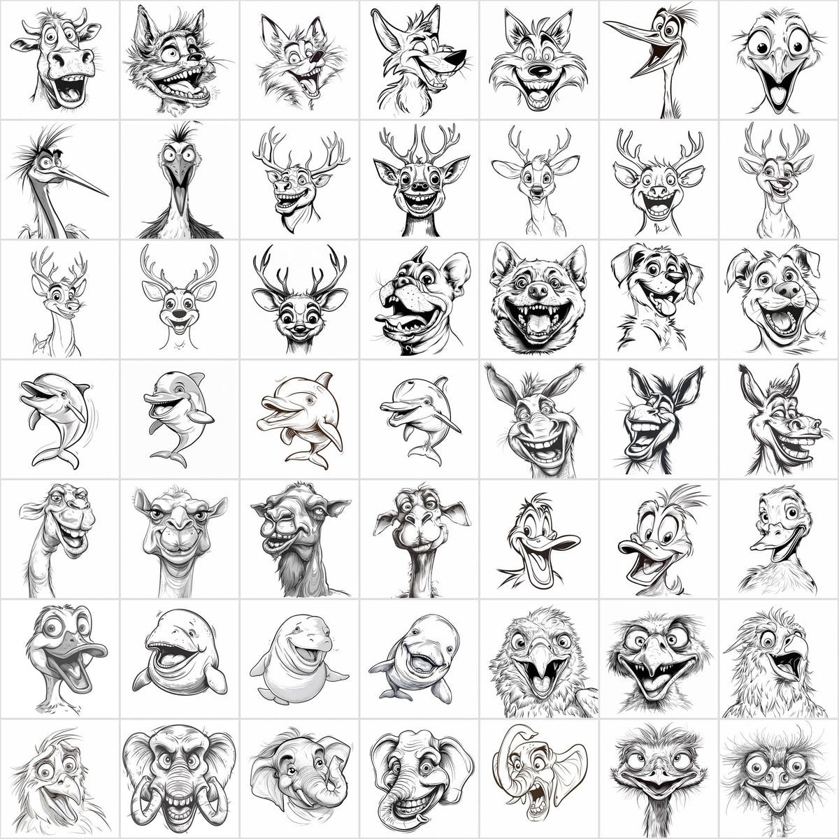 600 Exaggerated Animal Faces Coloring Book Images